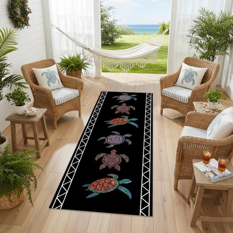 Sea Turtle Kitchen Rug – Coastal Ocean Animal Floor Mat, Cute Non-slip ...