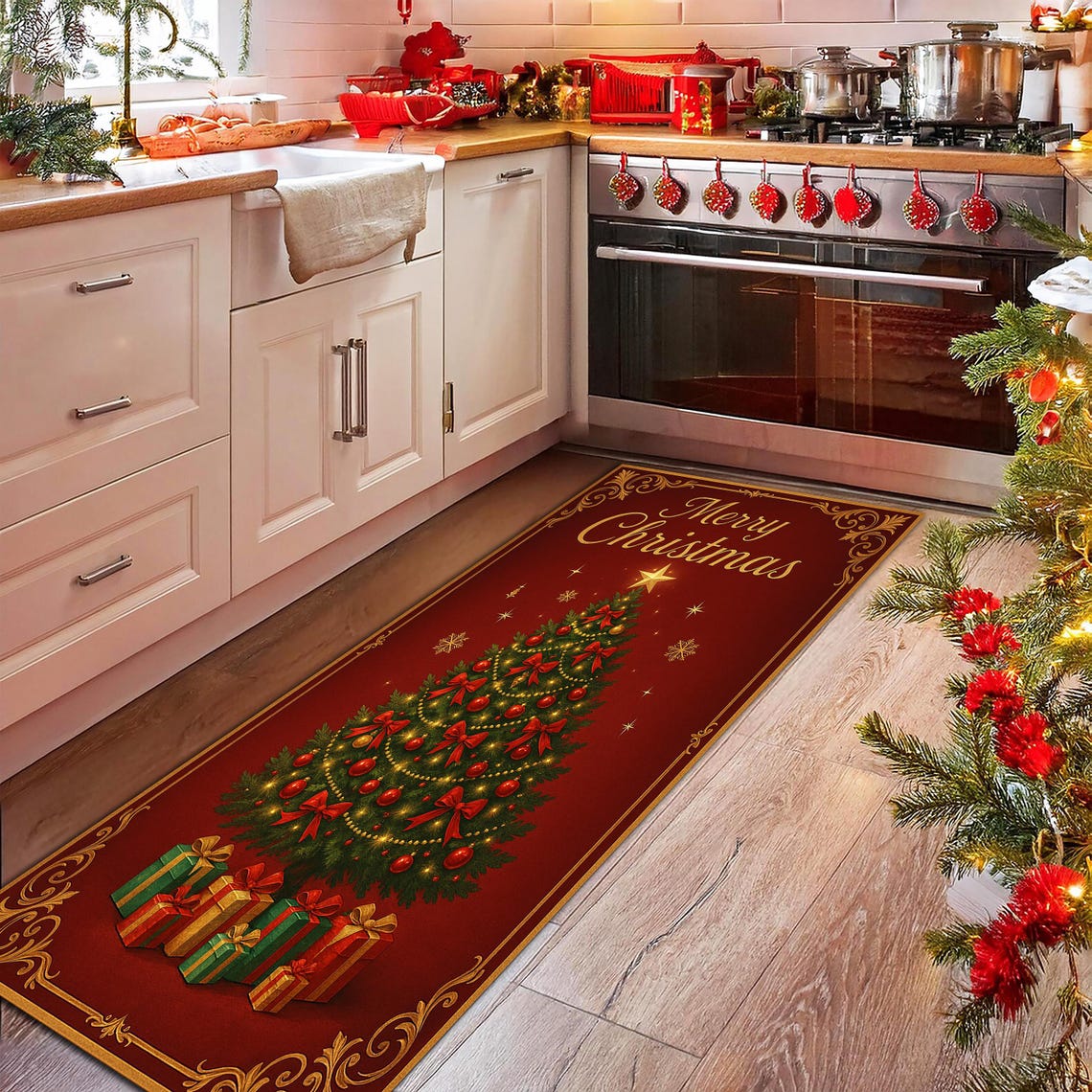 Christmas Tree Runner Rug With Gifts, Red Holiday Carpet, Festive Xmas ...