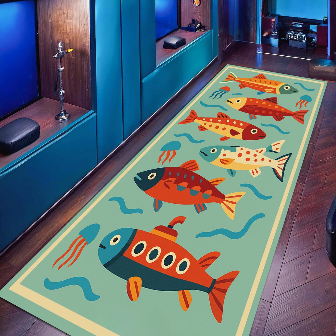 Playful Submarine Fish Runner Rug – Whimsical Teal Hallway Runner ...