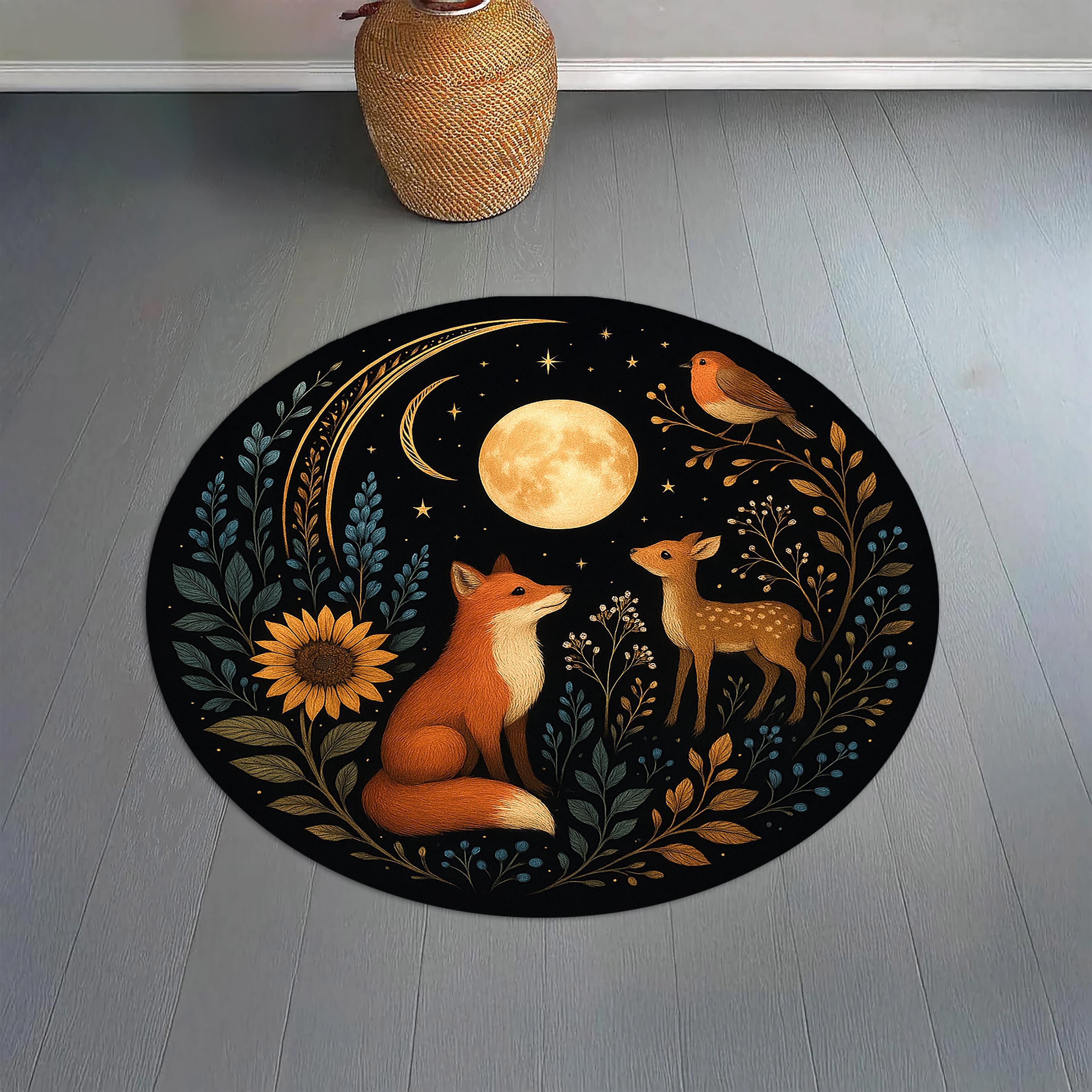 Forest Animal Round Rug With Fox Deer and Moon – Whimsical Night Scene ...