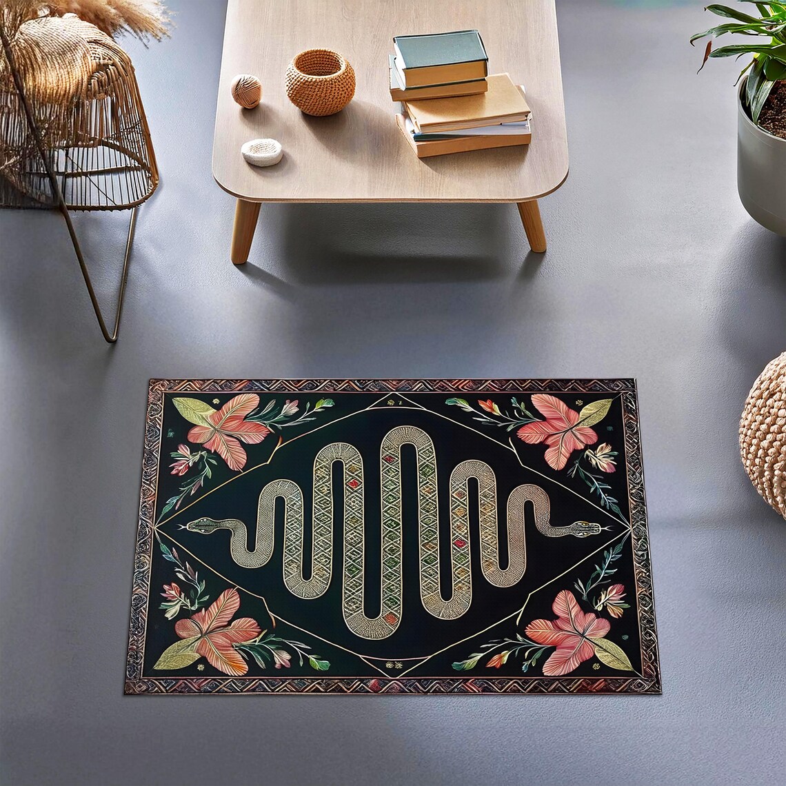 Mystical Snake and Floral Design Rug, Cottagecore Rug, Floral Snake ...