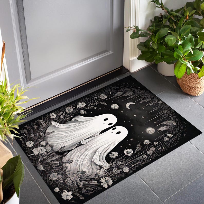 Cute Ghost Art Rug, Whimsical Halloween Decor, Vintage Floral Ghost Rug ...