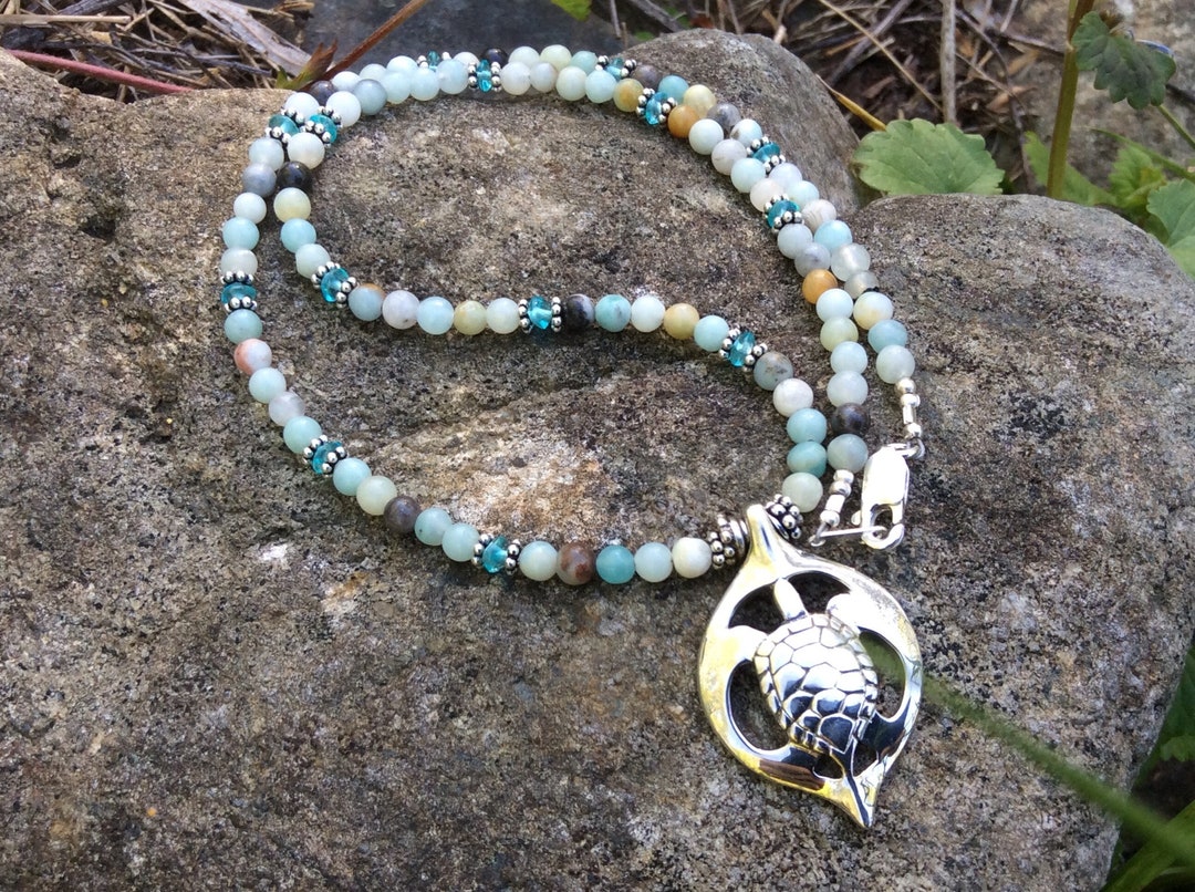 Kauila Turtle 16" Necklace With Black / Gold Amazonite and Apatite ...