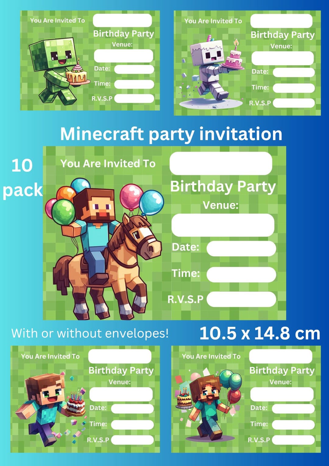 Minecraft Birthday Invitations. With or Without Envelopes. 5 Styles to ...