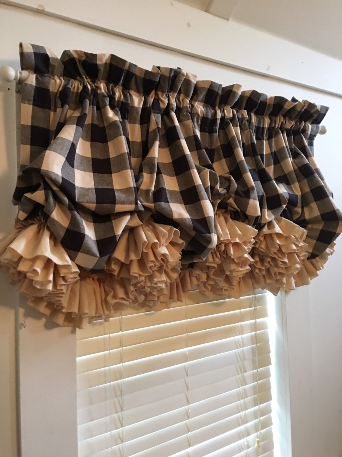 Farmhouse Black and Tan Buffalo Check Balloon Curtain With Tan Double ...