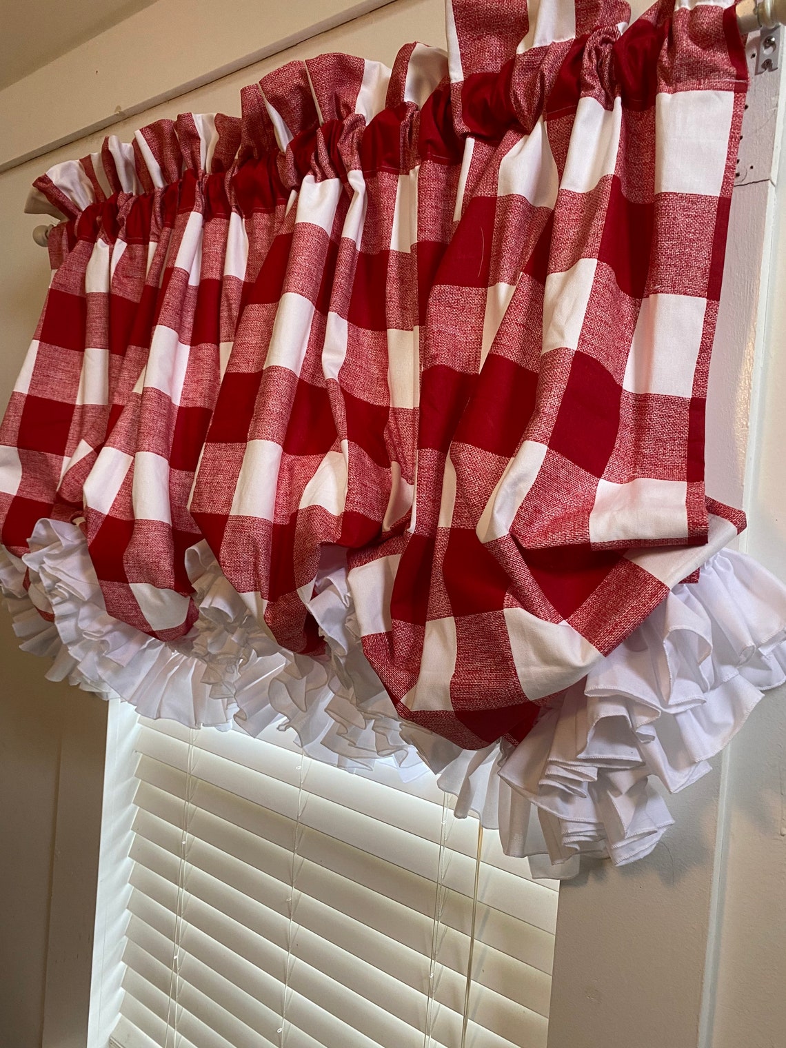 Red and White Buffalo Check Double Ruffle Balloon Curtain | Etsy