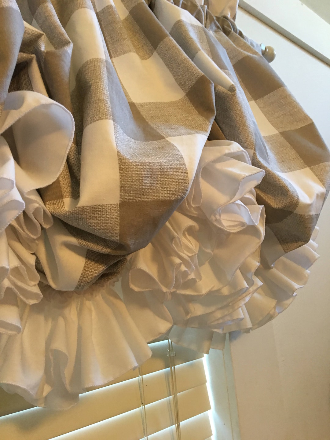 Farmhouse Chic Buffalo Check Balloon Curtain With White Double Ruffles ...