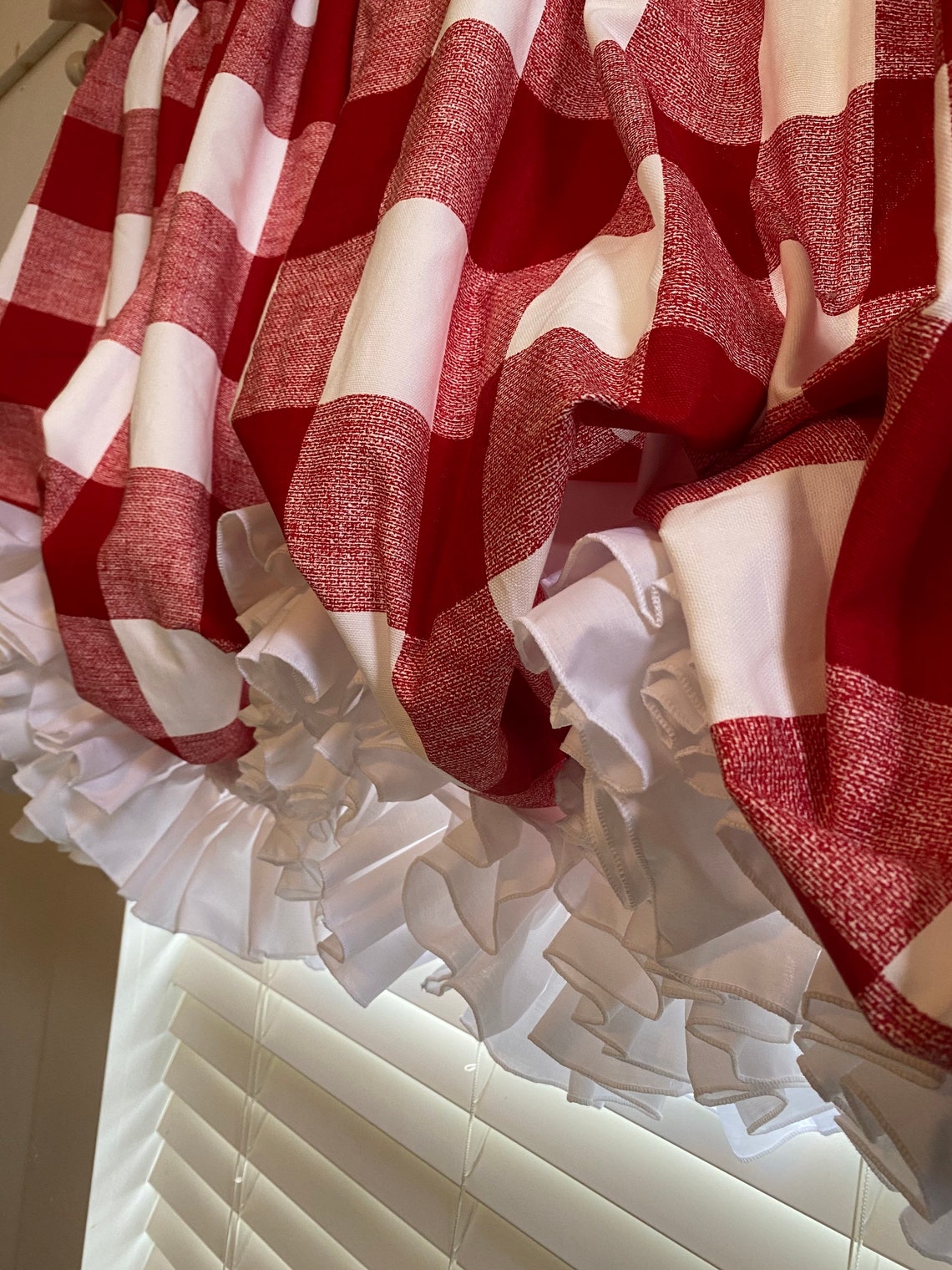 Red and White Buffalo Check Double Ruffle Balloon Curtain | Etsy
