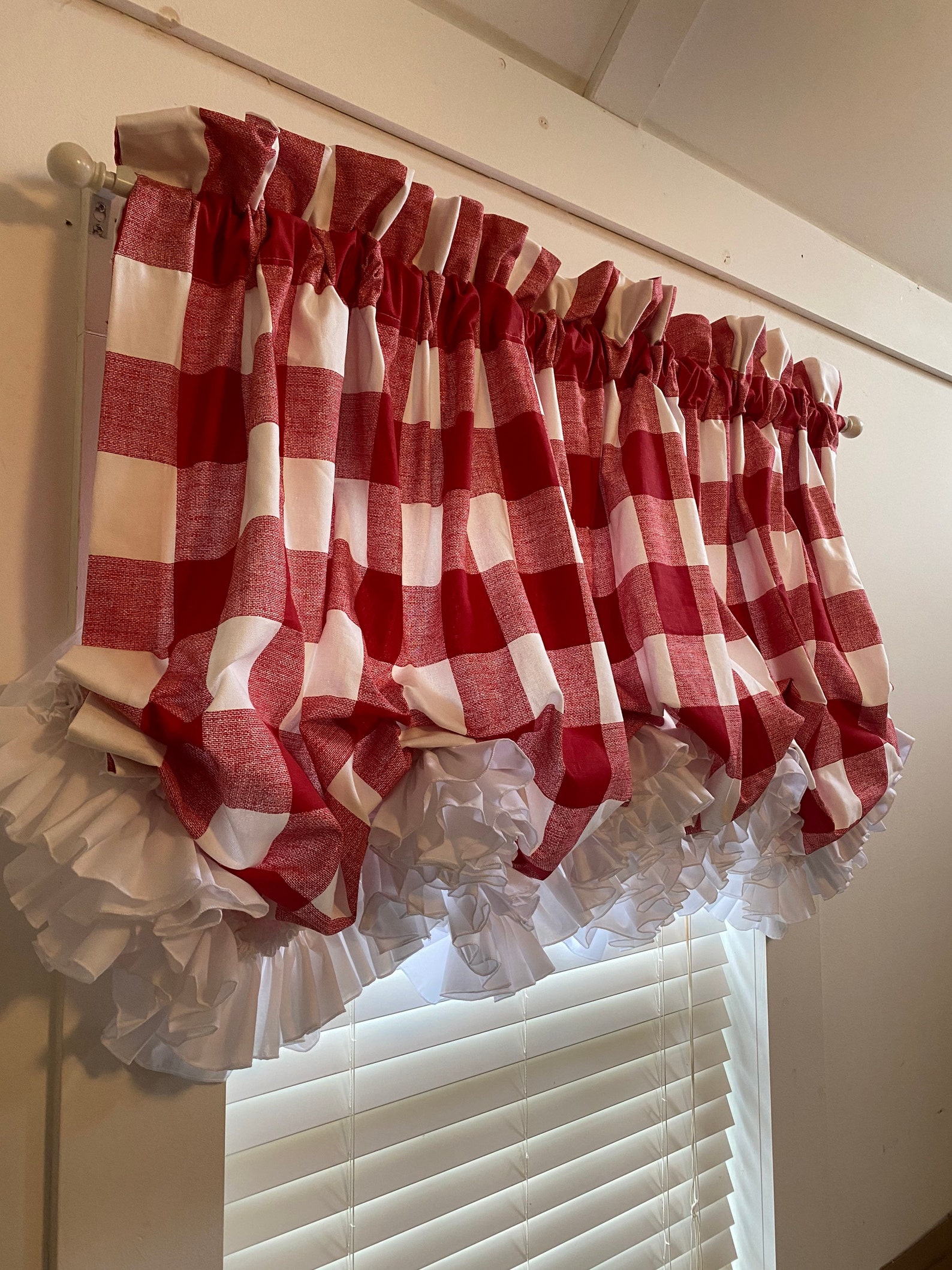 Red and White Buffalo Check Double Ruffle Balloon Curtain | Etsy