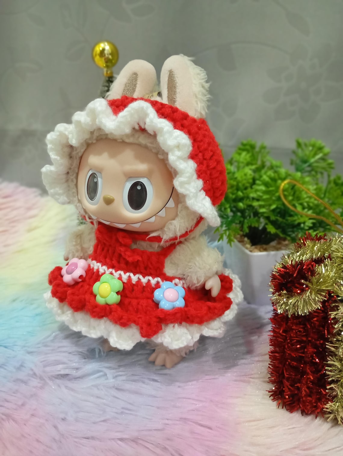 Handcrafted Christmas Labubu Outfit Crochet Dress, Santy Labubu Clothes ...