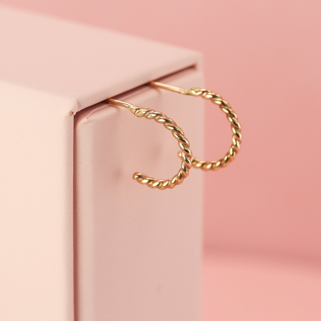 Tiny Twisted Huggie Gold Hoops, .5 Inch Hoops With Post in 14K Gold ...
