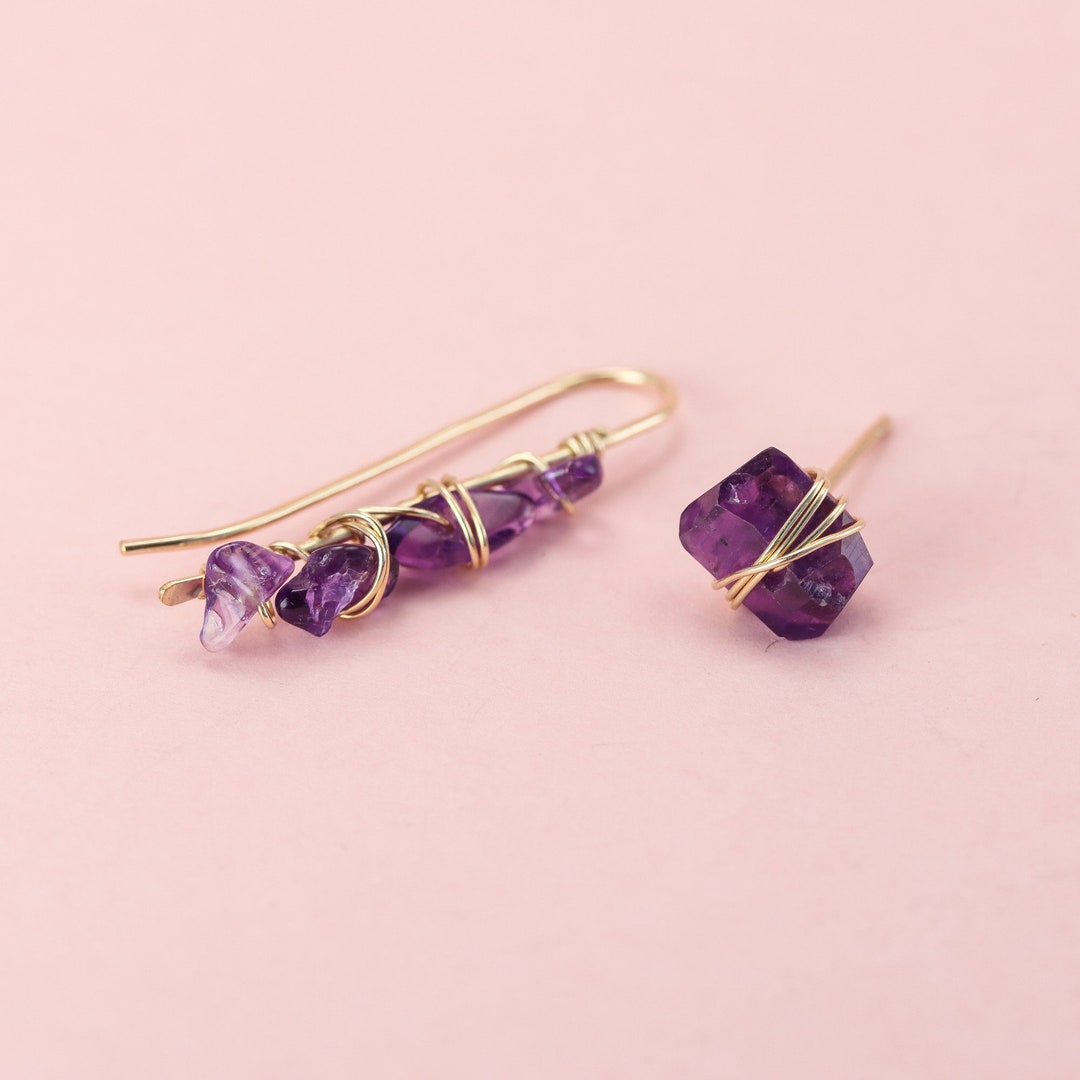 Amethyst Wrapped Ear Climbers in 14K Gold Fill, 1" Crystal Shaped ...
