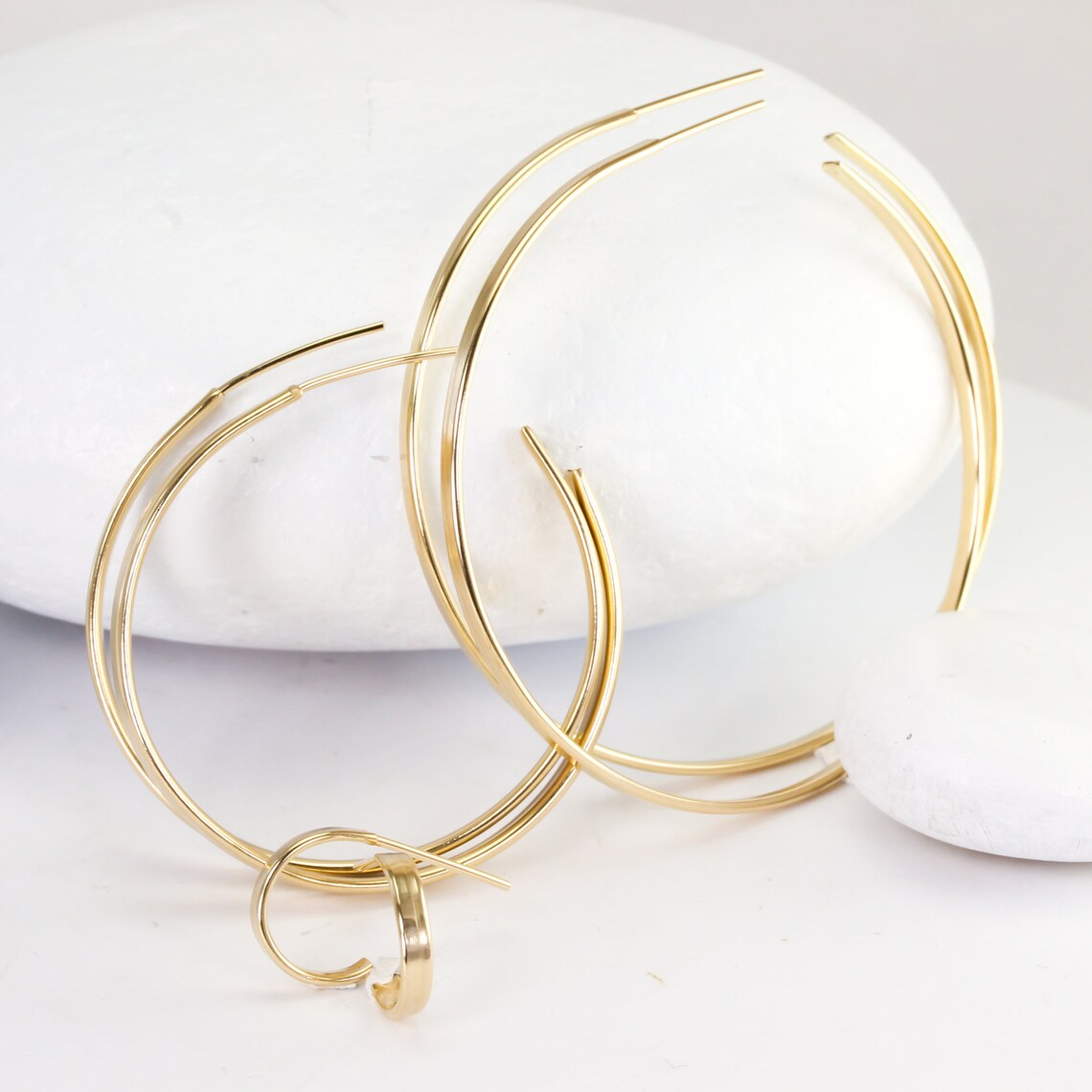 Large Skinny Gold Hoops 2.25 Inch Hoops With Post in 14K Gold - Etsy