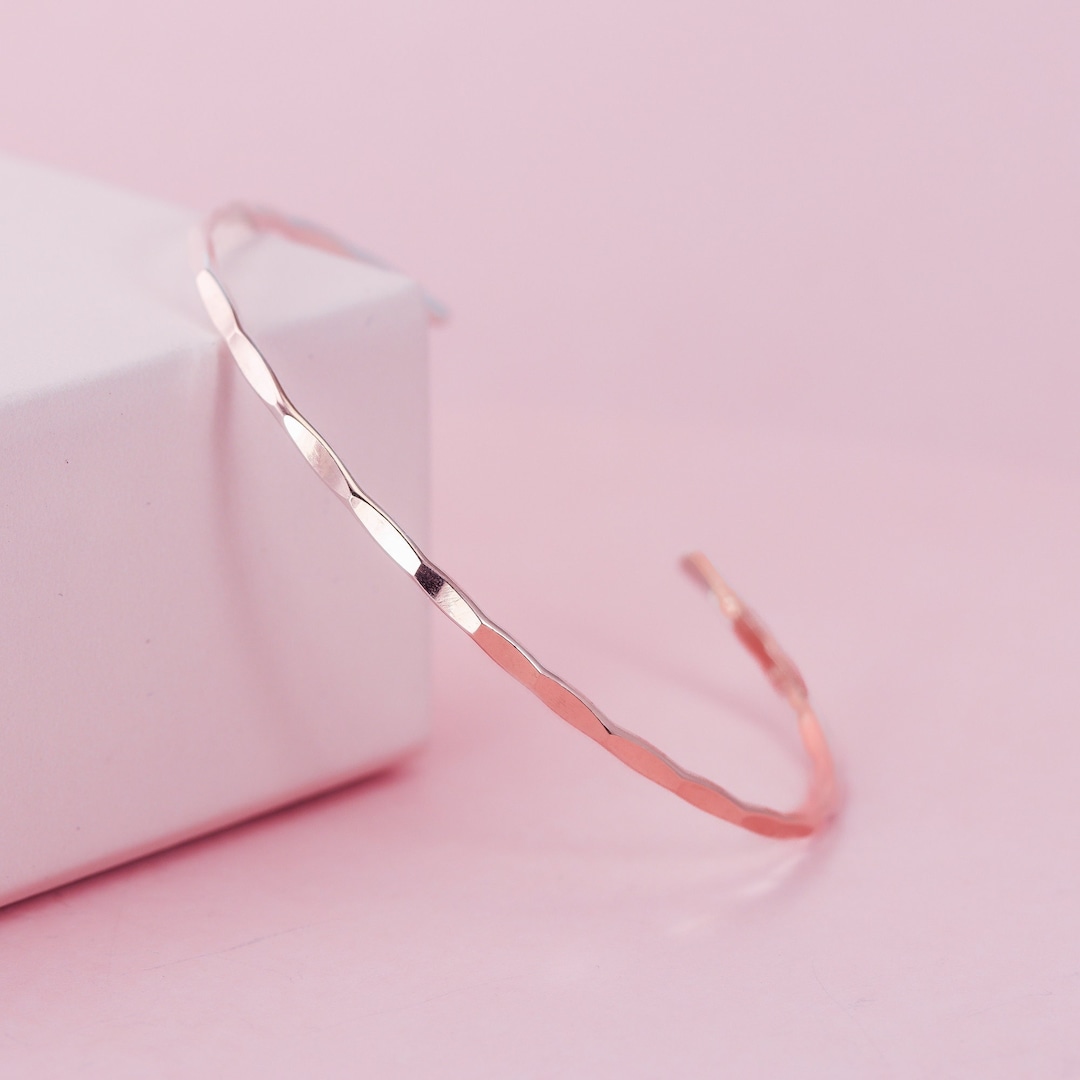 Solid Rose Gold Bangle, 14K Solid Rose Gold Bracelet, 2mm Hammered Rose ...