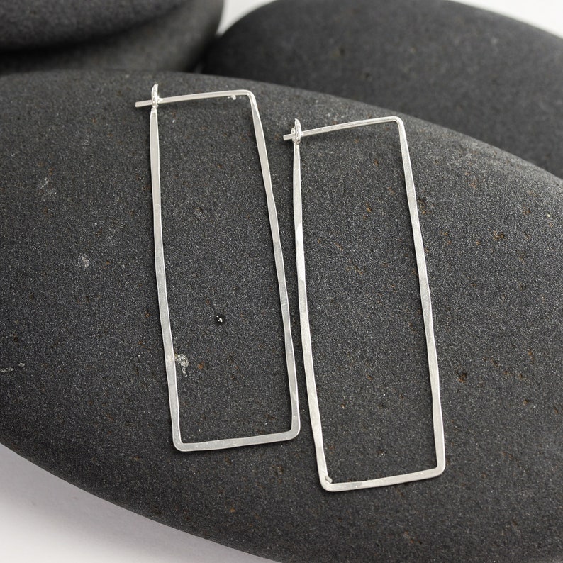 Long Silver Rectangle Hoops Hammered 14K White Gold or - Etsy
