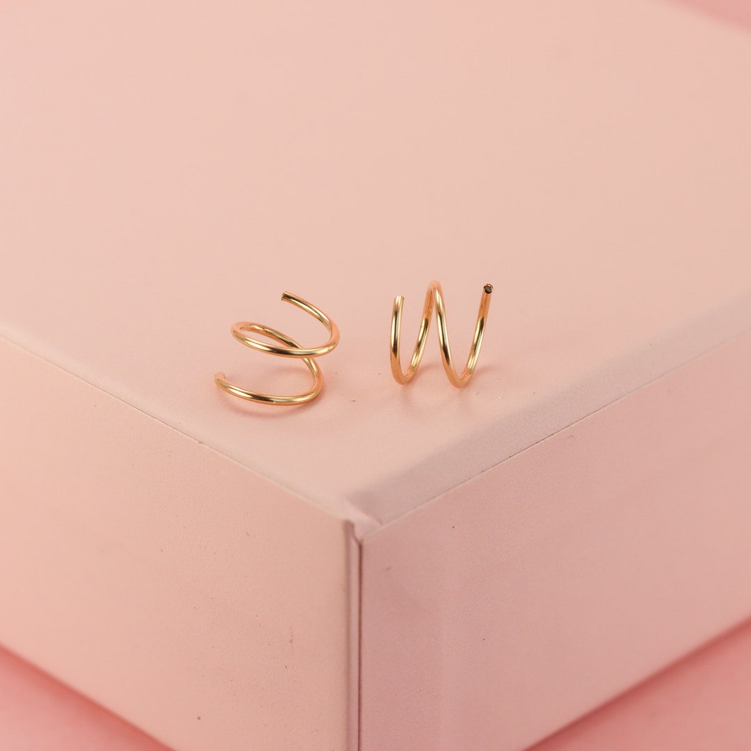Double Nose Ring for Single Piercing in Sterling Silver, 14K Gold & 14K ...