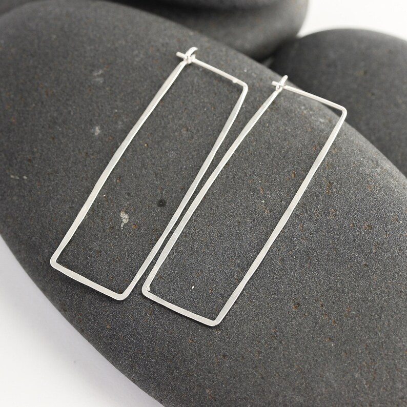 Long Silver Rectangle Hoops Hammered 14K White Gold or | Etsy