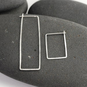 Long Silver Rectangle Hoops Hammered 14K White Gold or - Etsy