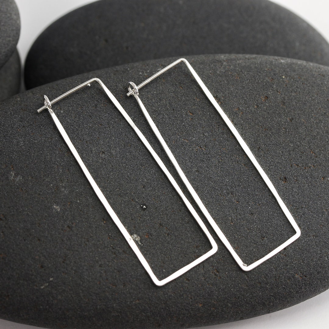 Long Silver Rectangle Hoops Hammered 14K White Gold or - Etsy