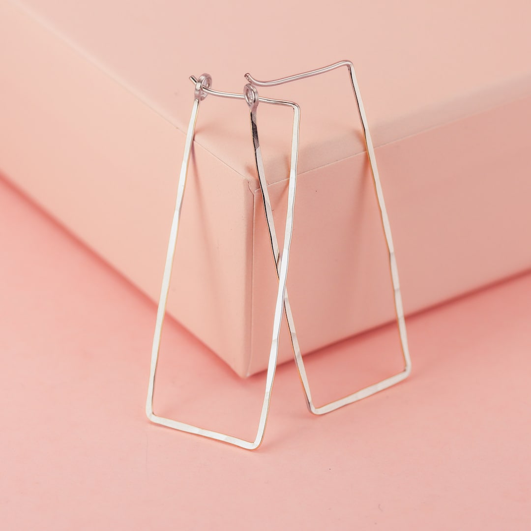 Long Silver Rectangle Hoops, Hammered 14K White Gold or Sterling Silver ...