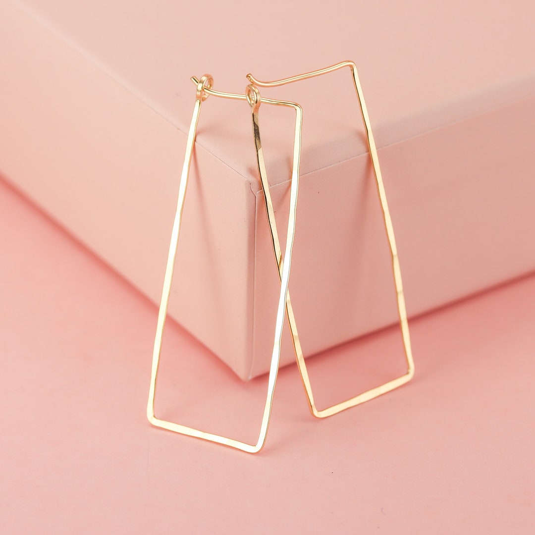 Large Solid 14K Rectangle Hoops Hammered From Solid 14K in Yellow, Rose ...