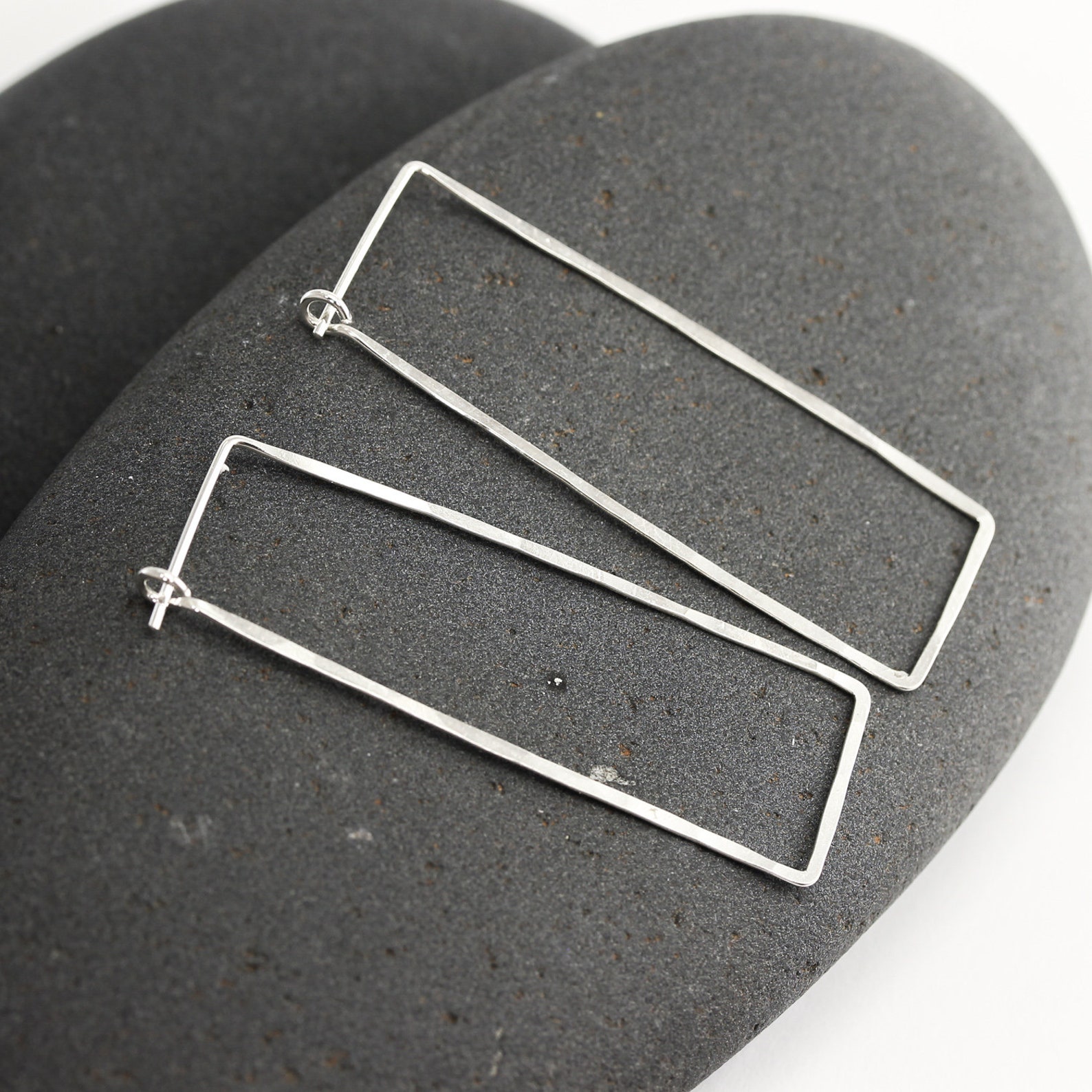 Long Silver Rectangle Hoops Hammered 14K White Gold or - Etsy