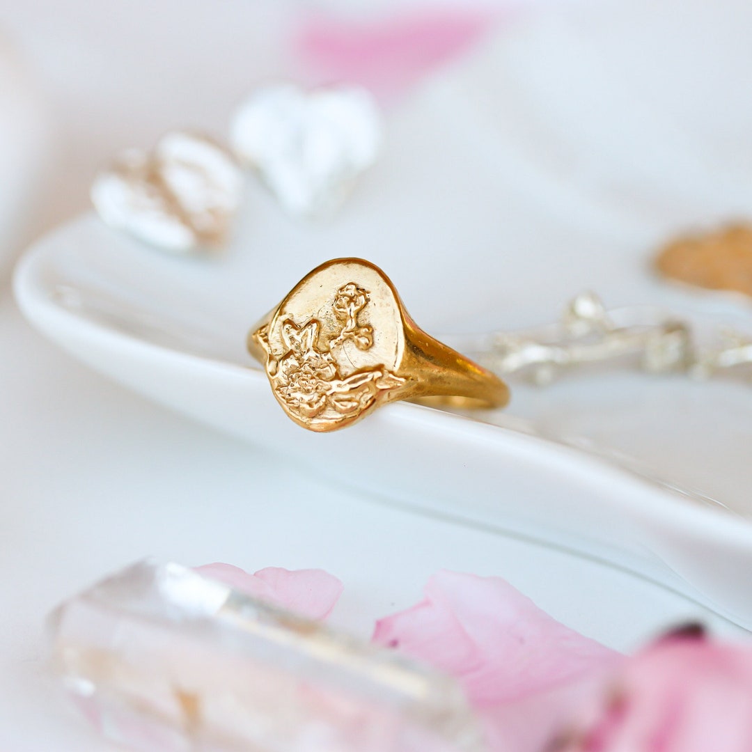 Gold Signet Ring With Carved Rose Flowers Oval Signet Ring - Etsy