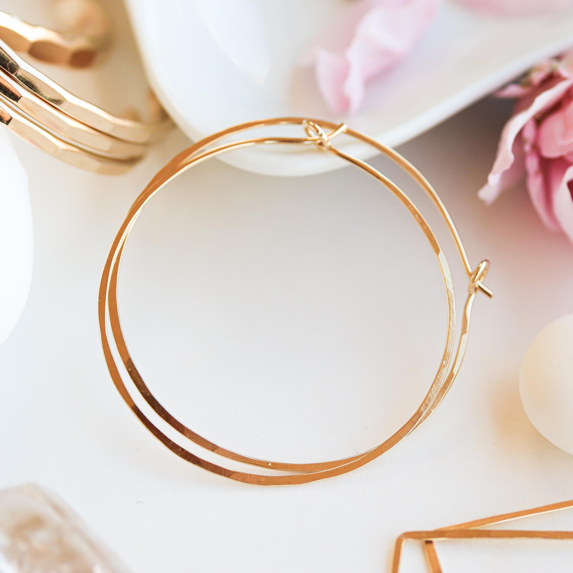 Large Hoop Earrings Hammered in Solid 14K Yellow or Rose Gold, Gold ...