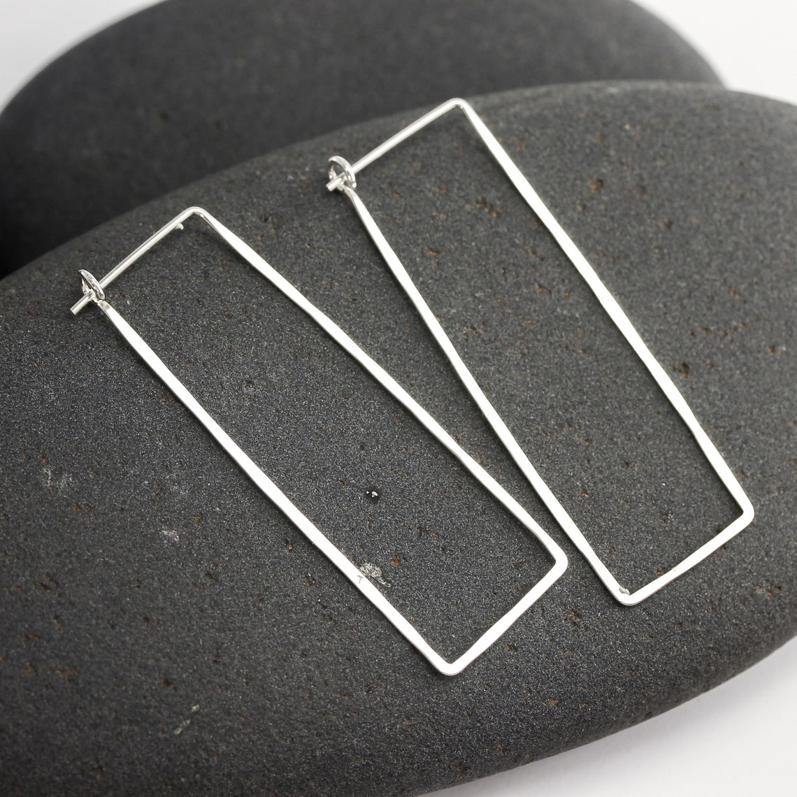 Long Silver Rectangle Hoops Hammered 14K White Gold or - Etsy
