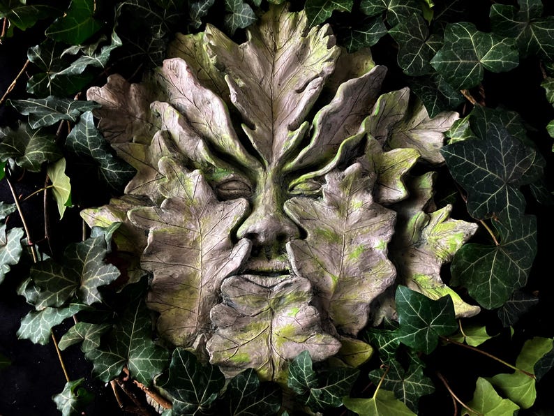 Green Man Concrete Wall Planter – Foliate Face Sculpture, Plant Pocket ...