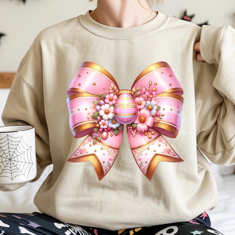 Floral Easter Bow DTF Transfer, Pink Gold Spring Bow Shirt Ready to ...