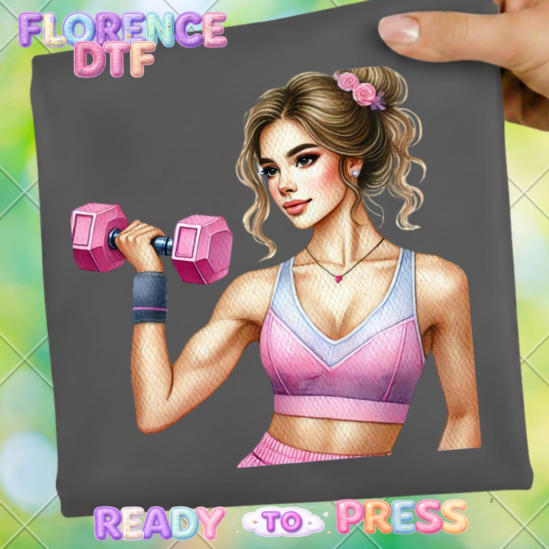 Watercolor Fitness Girl Art DTF Transfer, Pink Gym Aesthetic Ready to ...