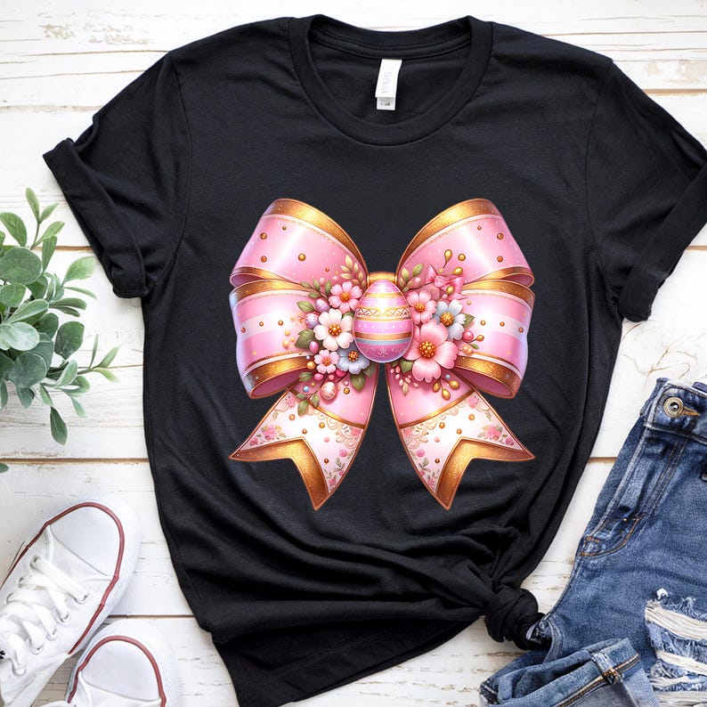Floral Easter Bow DTF Transfer, Pink Gold Spring Bow Shirt Ready to ...