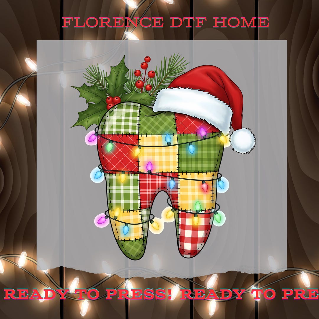 Cute Christmas Tooth PNG DTF Transfer, Tooth With Santa Hat and Lights ...
