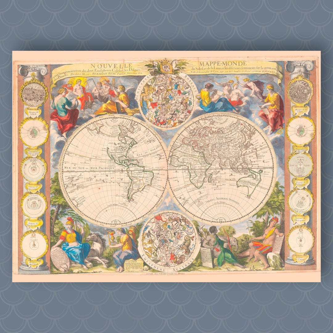 World Map Art Print Hemisphere World Map Print French Vintage Map Print ...