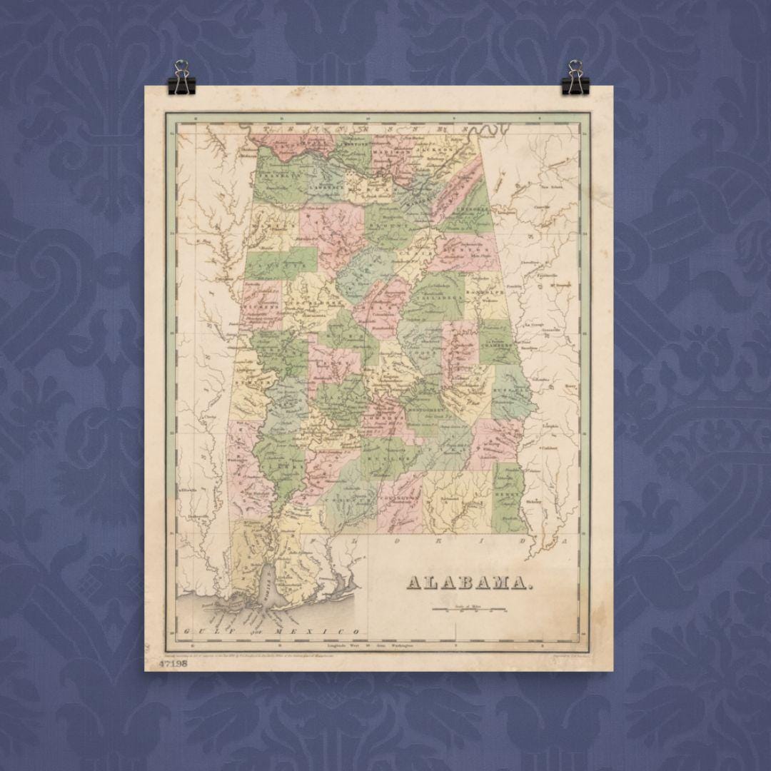 Alabama Map Print: 1800s Vintage Style Wall Art - Etsy