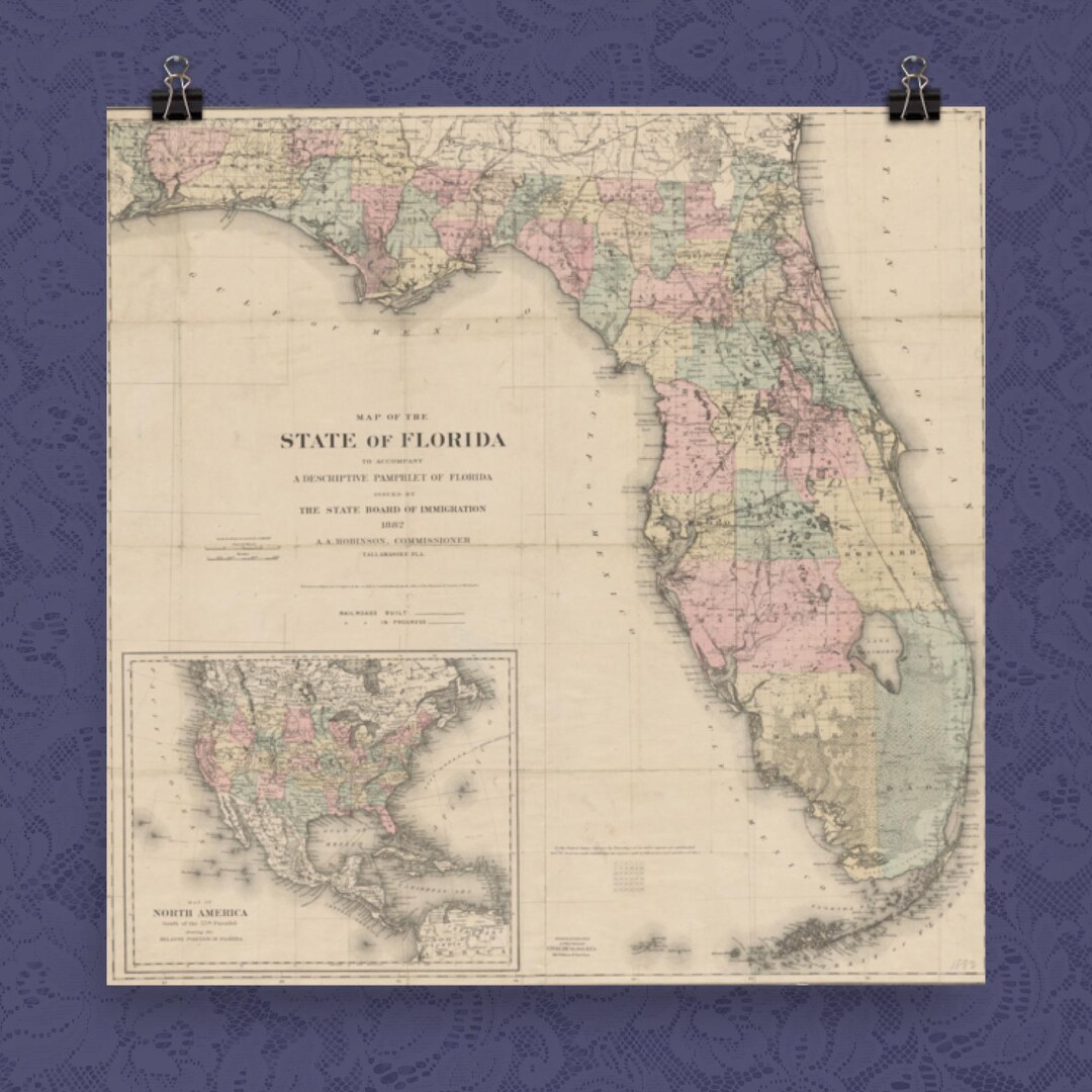 Vintage Florida Map Print: 1882 Historic Wall Art - Etsy