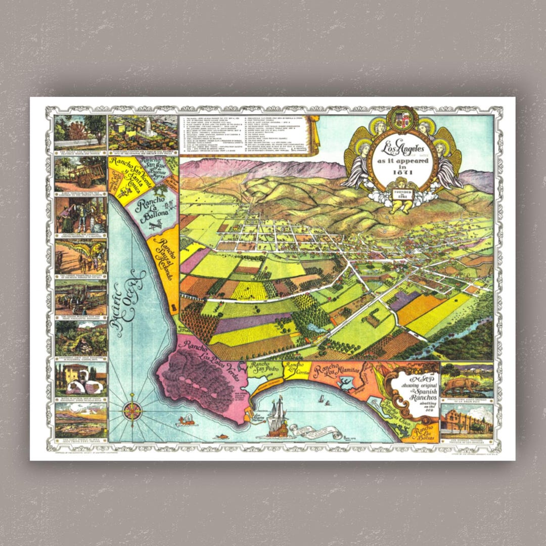 Historic Los Angeles Map Spanish Ranchos Map Vintage LA Map Perspective ...