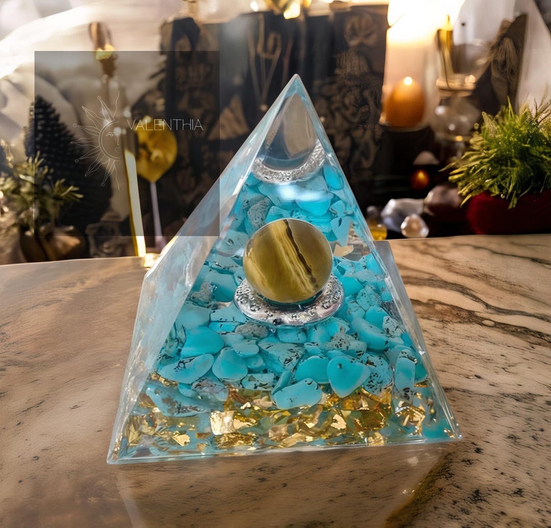 6cm Turquoise Orgone Pyramid With Tigers Eye Orb, Orgonite Resin ...