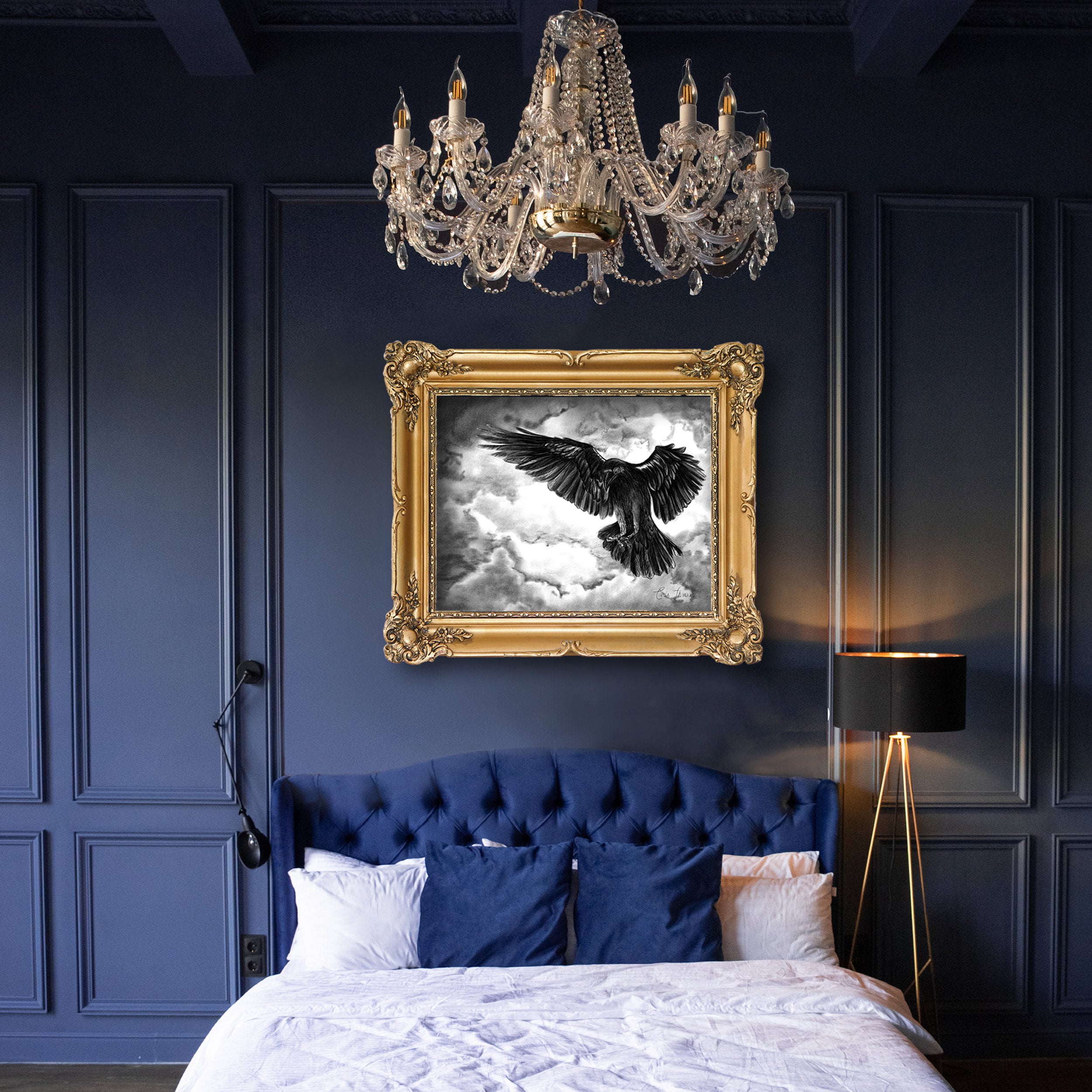 Charcoal Drawing Raven in Moonlight, Black White Original Pencil ...