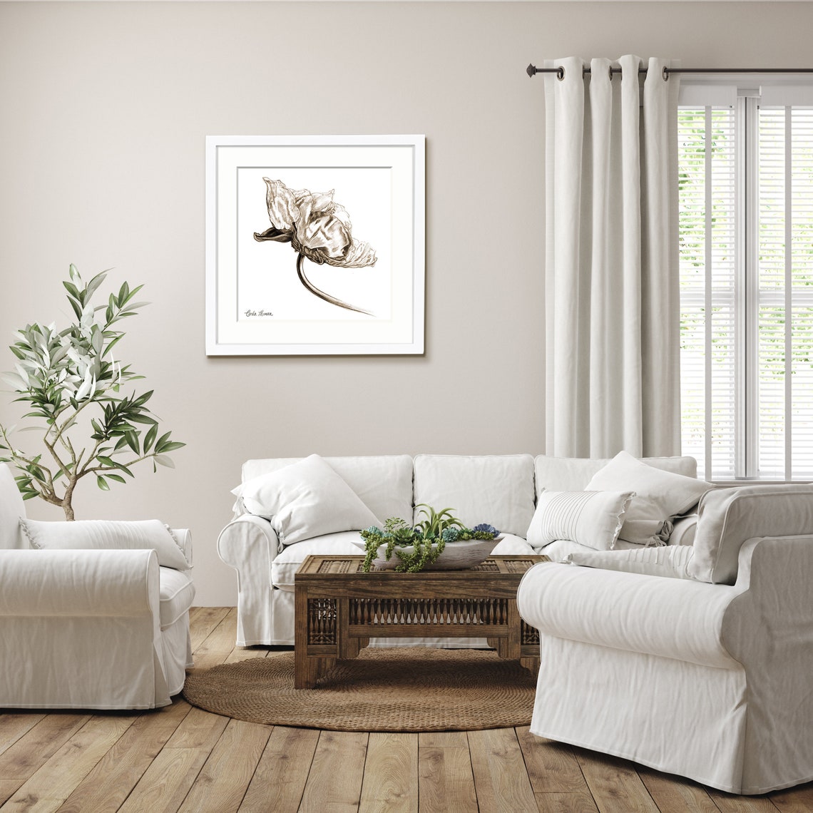 Botanical Flower Illustration, Sepia Floral Wall Art, Charcoal Pencil ...