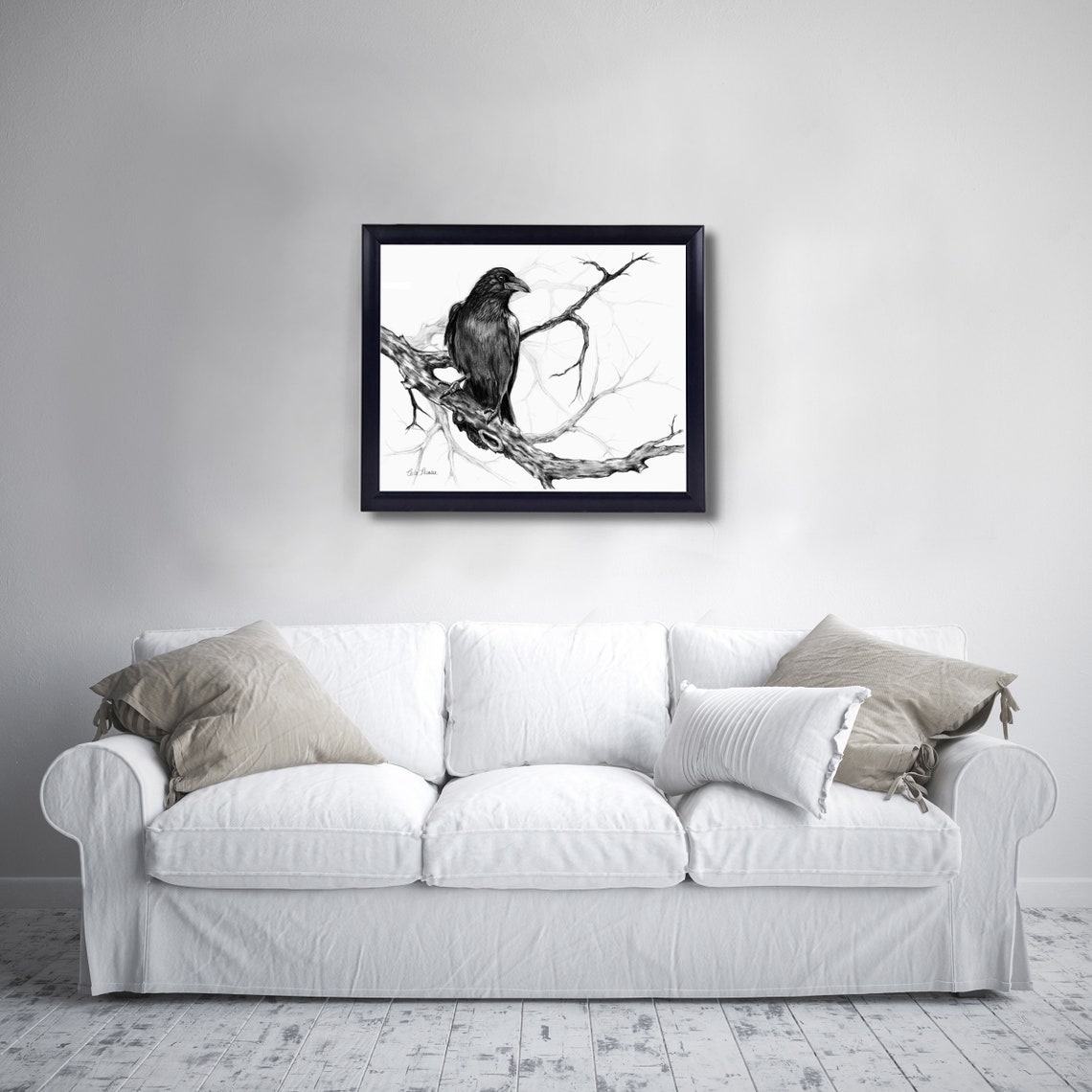 Charcoal Drawing Raven on Tree Branch, Black White Original Pencil ...
