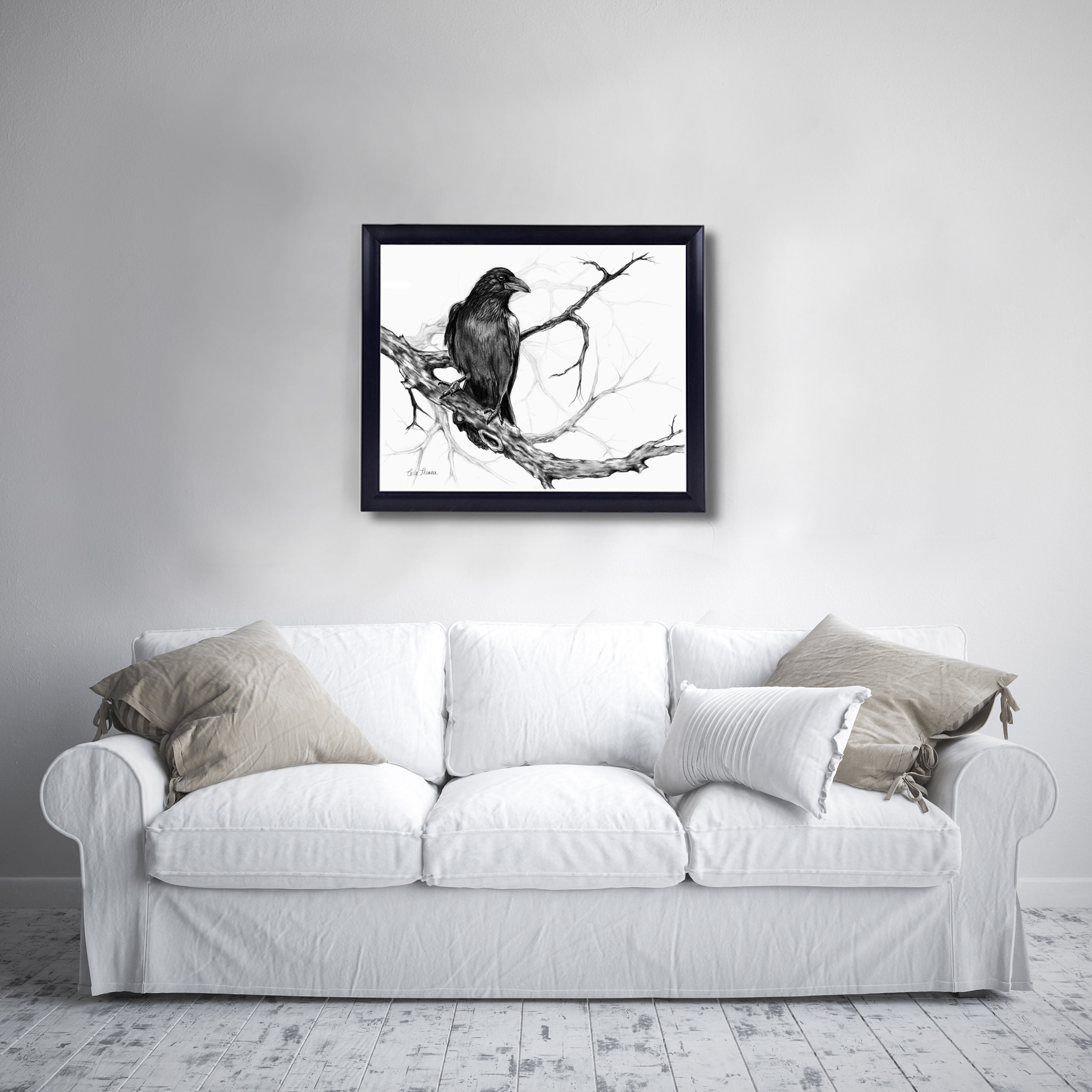 Charcoal Drawing Raven on Tree Branch, Black White Original Pencil ...