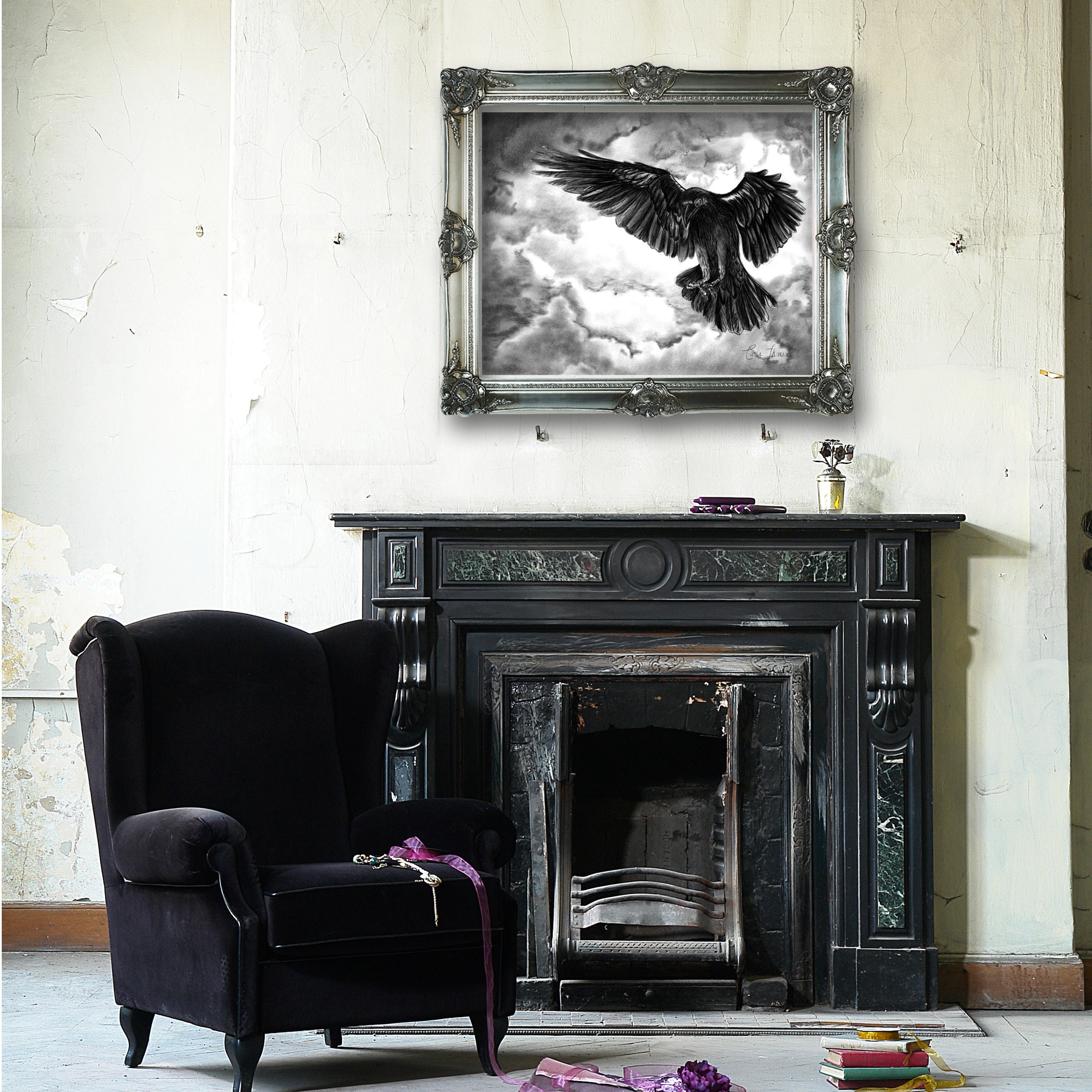 Charcoal Drawing Raven in Moonlight, Black White Original Pencil ...