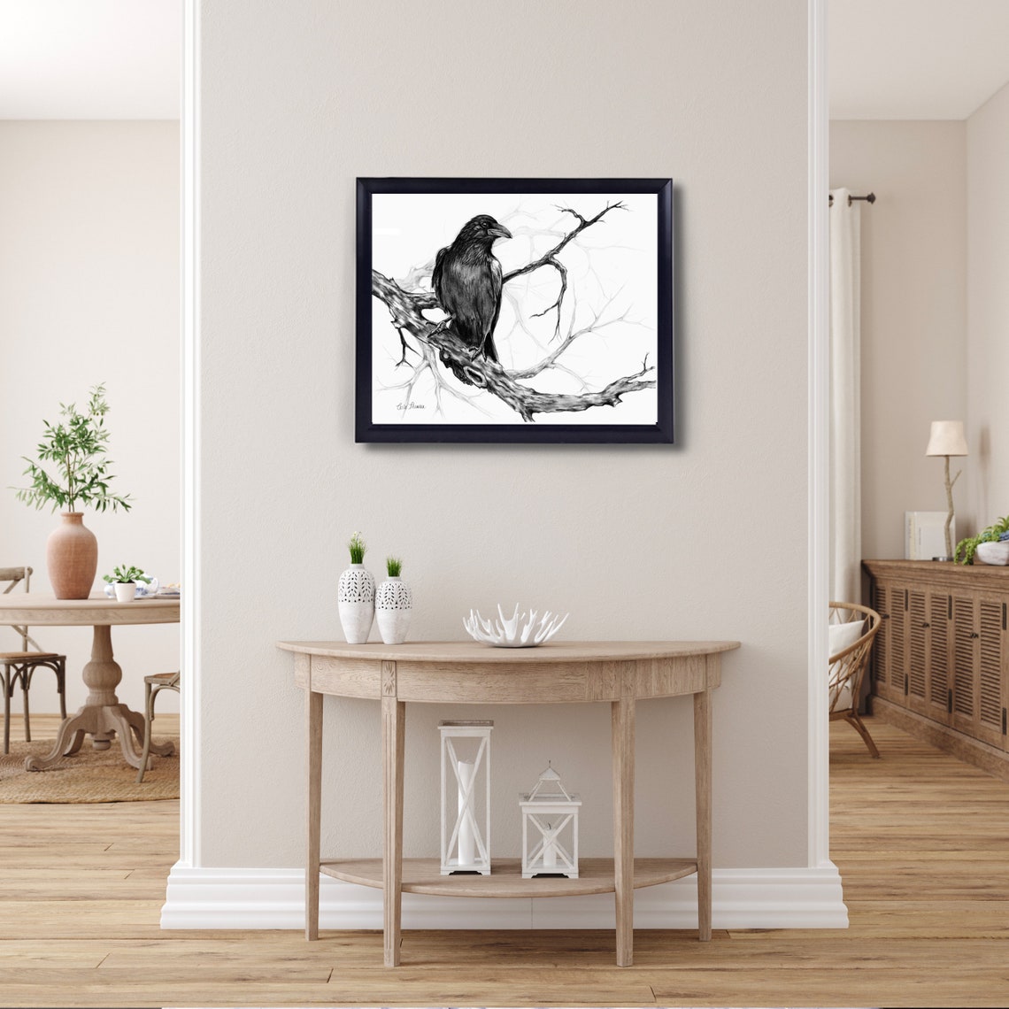 Charcoal Drawing Raven on Tree Branch, Black White Original Pencil ...