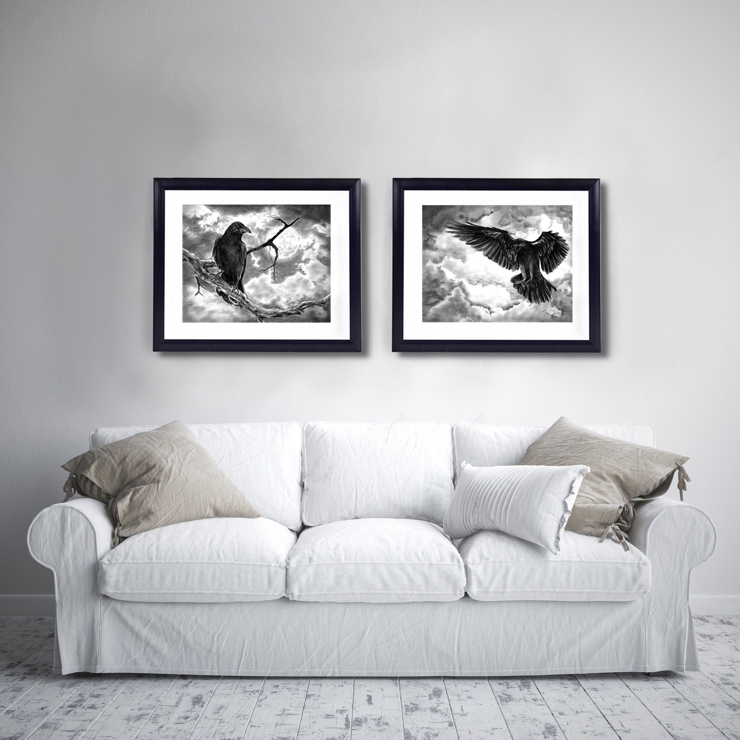 Charcoal Drawing Raven in Moonlight, Black White Original Pencil ...