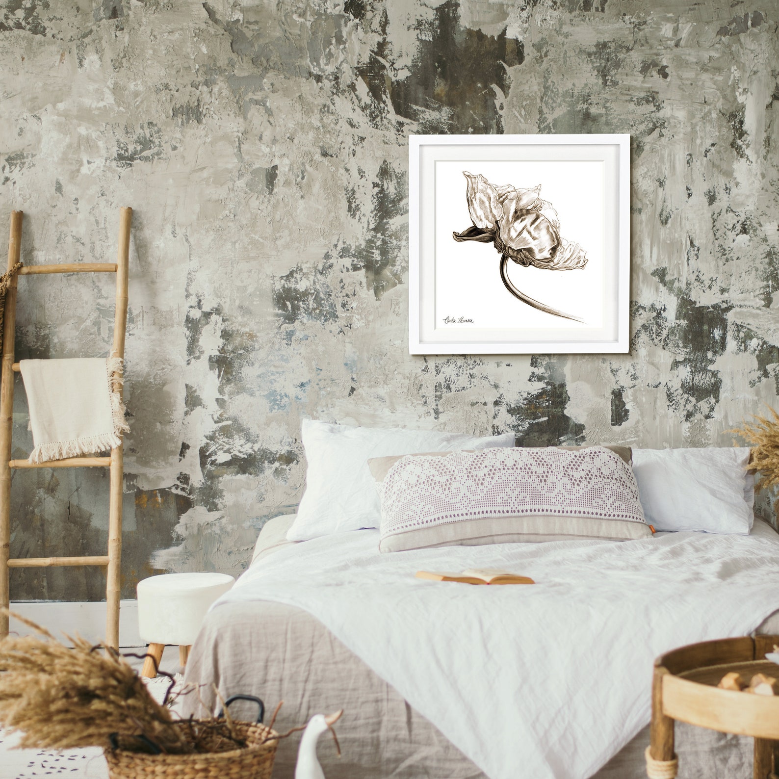 Botanical Flower Illustration, Sepia Floral Wall Art, Charcoal Pencil ...