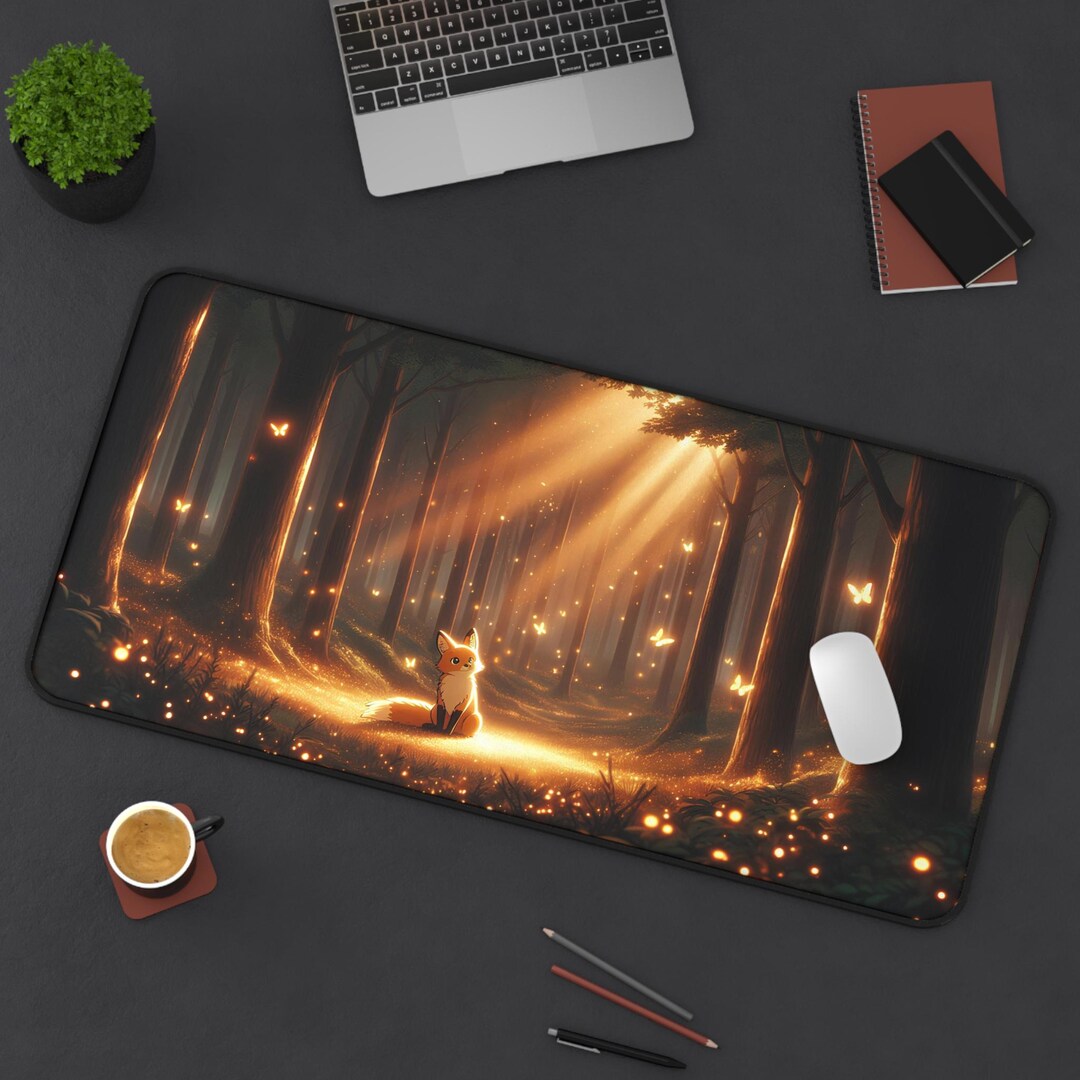 Desk Mat With Enchanted Forest Fox Illustration, Nature Magic Mouse Pad ...