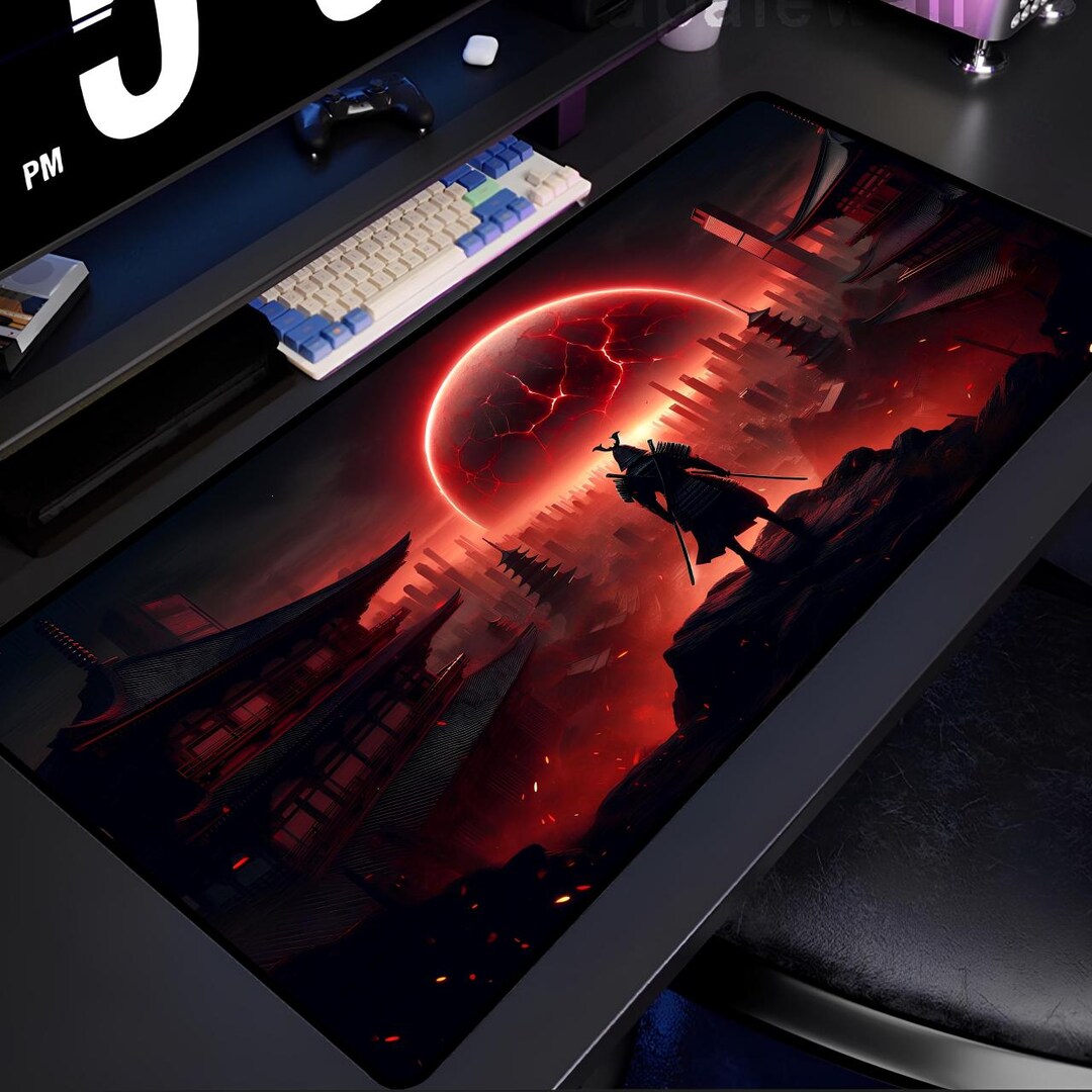 Red Eclipse Samurai Mouse Pad, Dark Japanese Warrior Desk Mat, Epic ...
