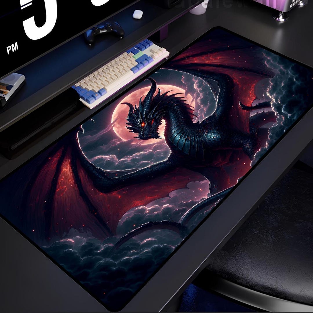 Dark Dragon Gaming Mouse Pad, XXL Fantasy Desk Mat With Red Moon ...
